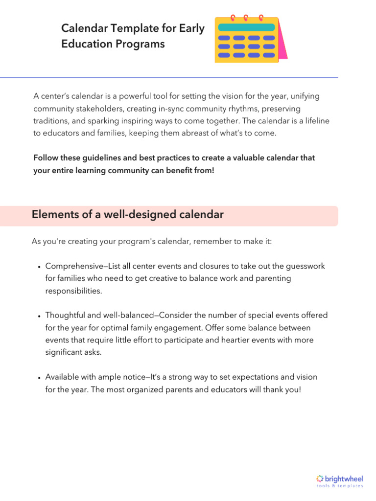 Calendar Template for Early Education Programs - brightwheel | PDF