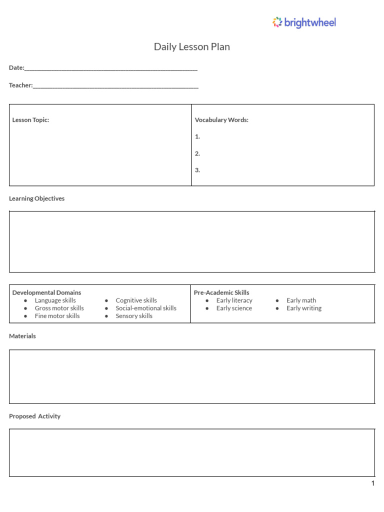 Daily Lesson Plan Template - Brightwheel | PDF