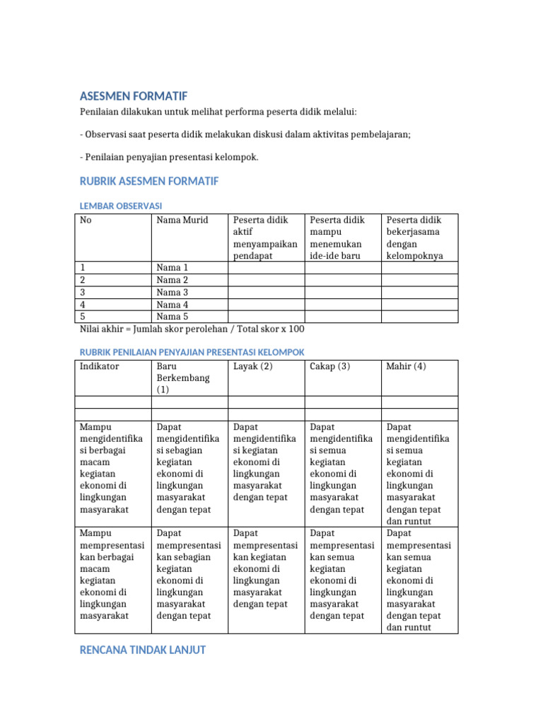 Tabel Asesmen Formatif Peserta Didik | PDF