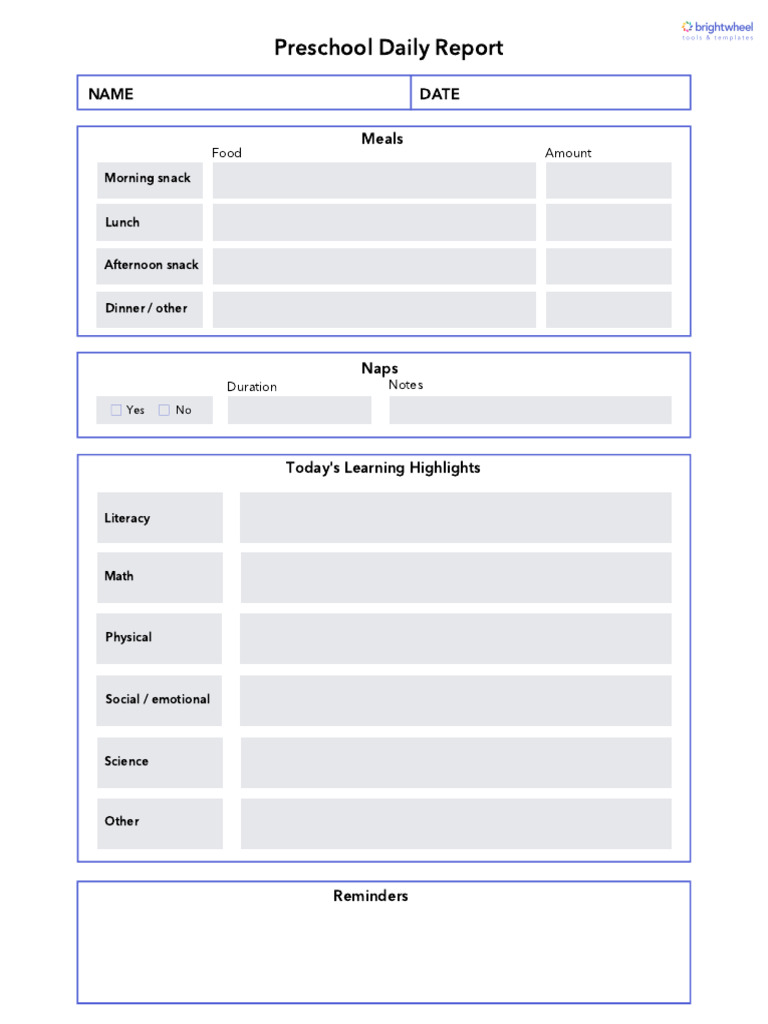 Preschool Daily Sheet - Brightwheel | PDF