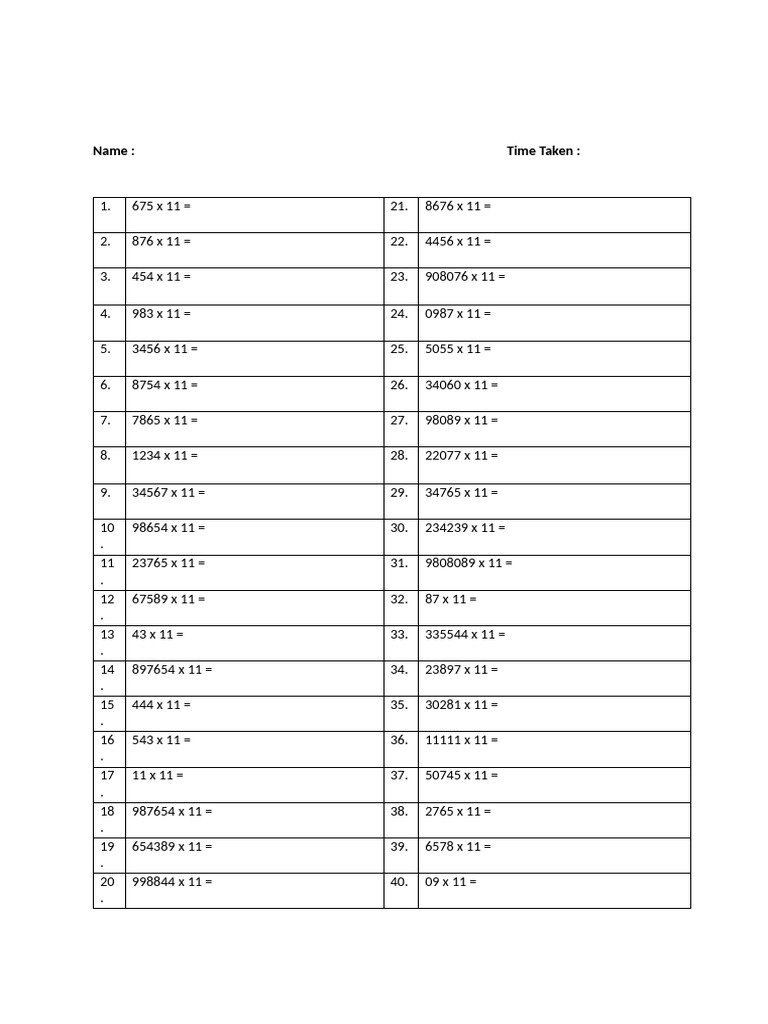 Multiplication by 11 Practice Sheet | PDF