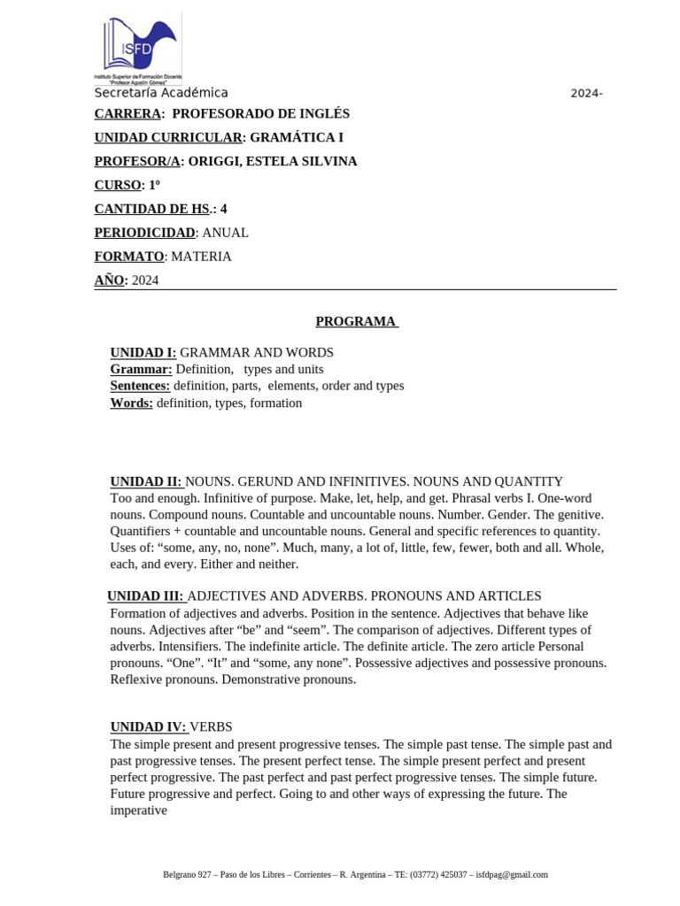 P I - Gramática I-Programa 2024 | PDF | Noun | Adjective