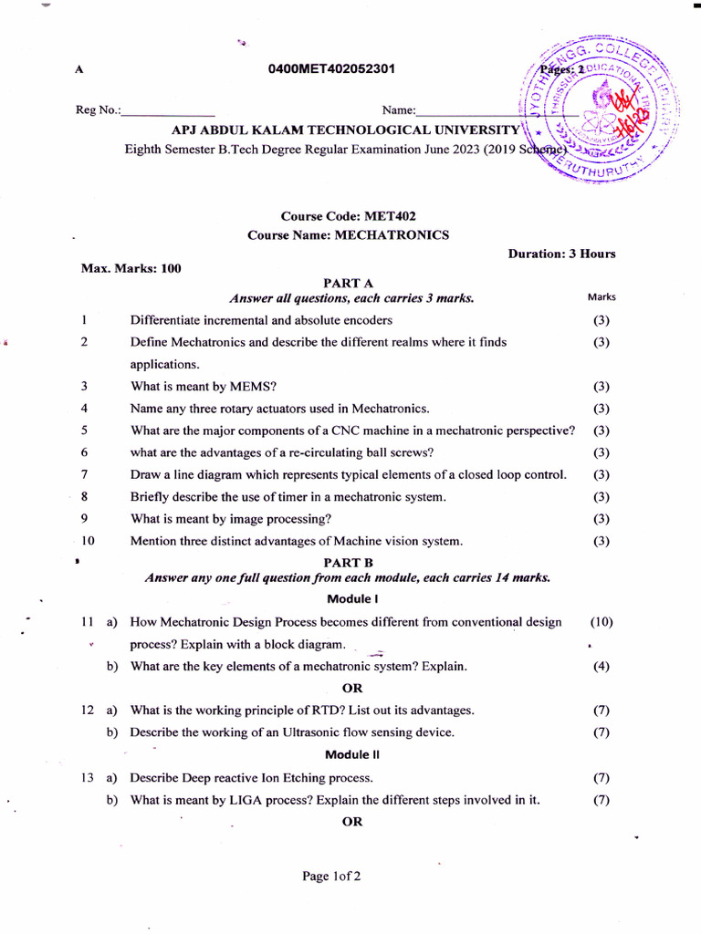 Met402 Mechatronics, June 2023 | PDF | Machines | Equipment