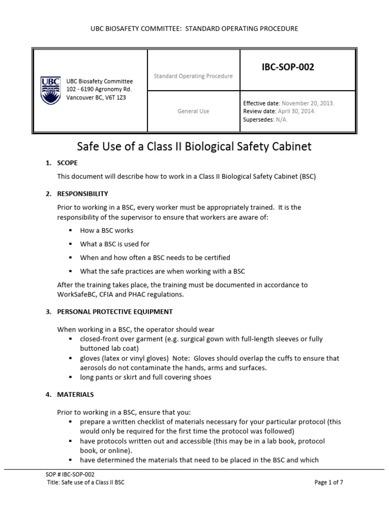IBC SOP 002 Safe Use of Biosafety Cabinets | PDF