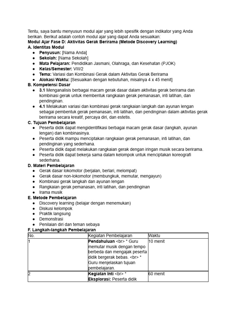 Modul Ajar Fase D Aktivitas Gerak Berirama Metode ... | PDF
