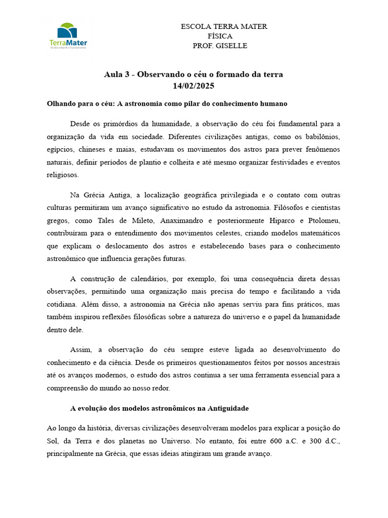 Aula 3 - Observando o Céu e o Formato Da Terra - 8° Ano 2025 | PDF | Science | Astronomia