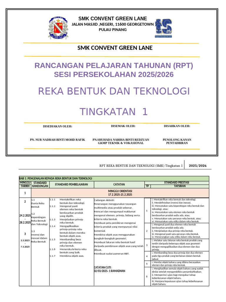 RPT RBT Tingkatan 1 (SMK) | PDF