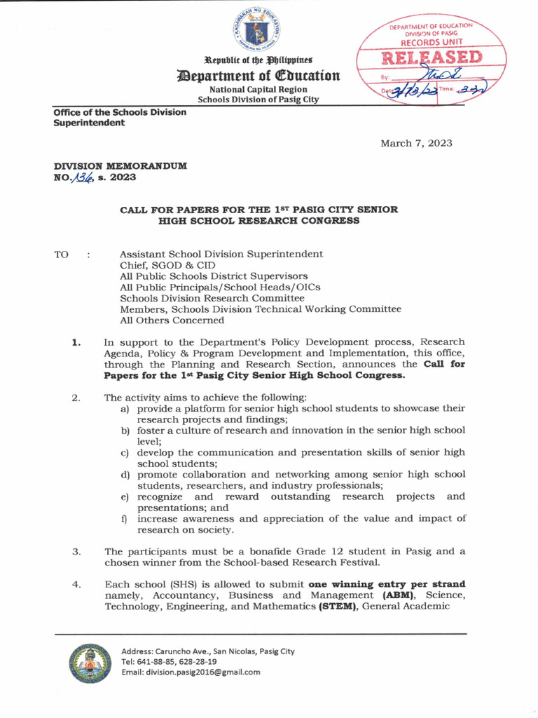 DM No.136 S.2023 Call For Papers For The 1ST Pasig City Senior High School Research Congress | PDF