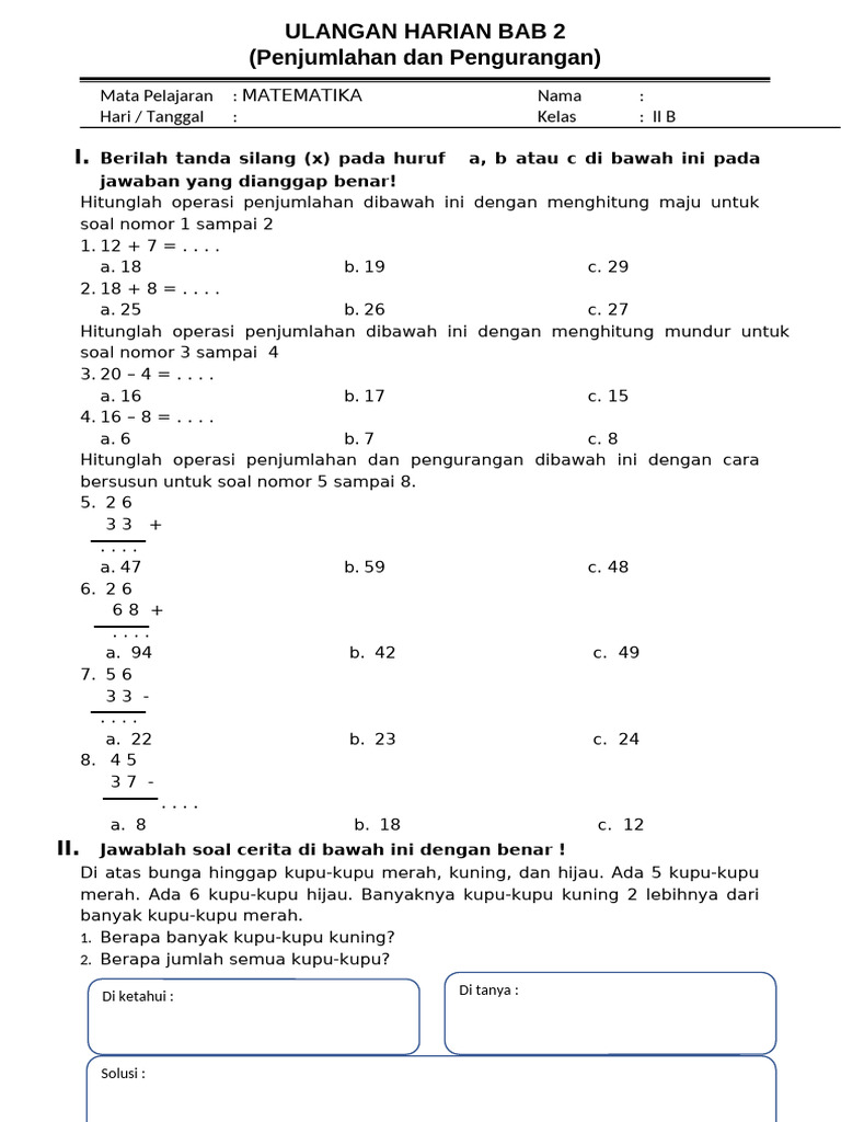 ULANGAN HARIAN BAB 2 MATEMATIKA Kelas 2 - A4 | PDF