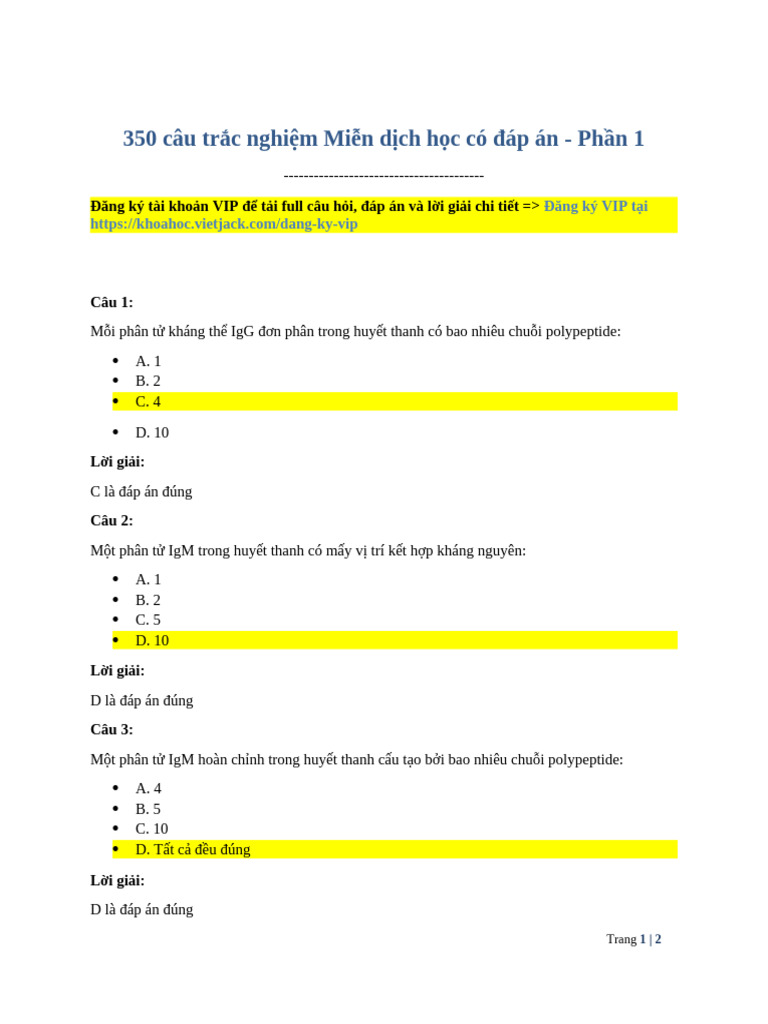 350 Cau Trac Nghiem Mien Dich Hoc Co Dap An Phan 1 2024 12 31 - Compress | PDF