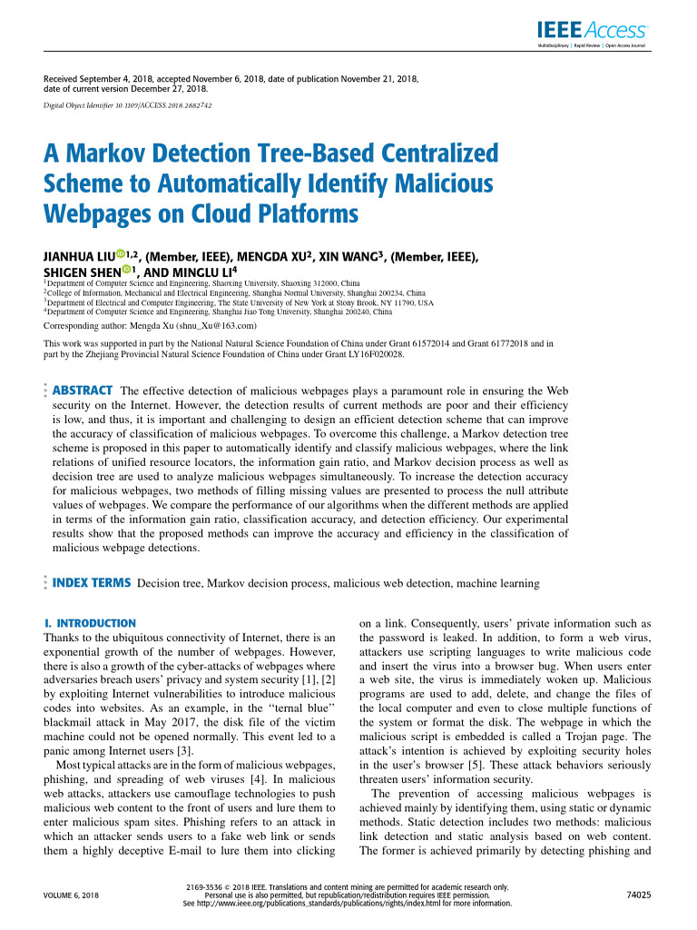 A Markov Detection Tree-Based Centralized Scheme To Automatically Identify Malicious Webpages On ...