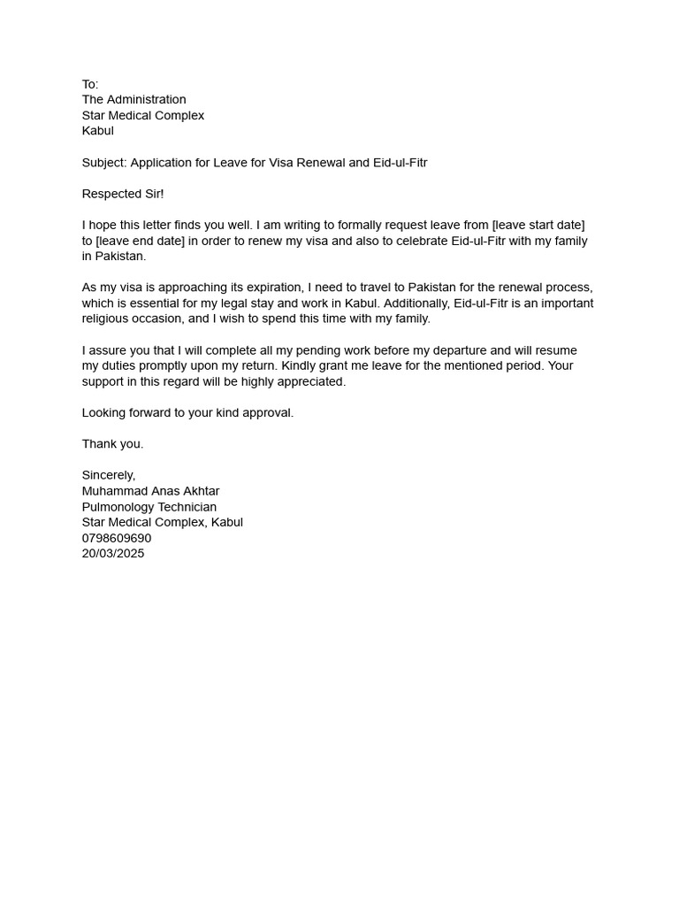Leave Application for Visa and Eid | PDF