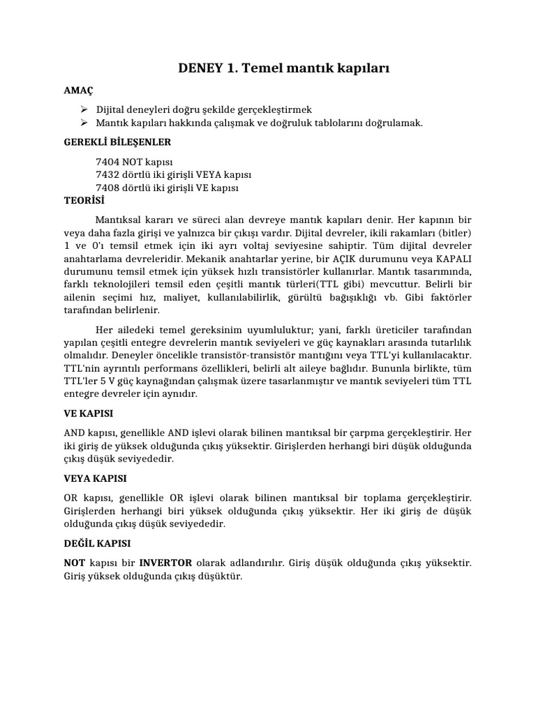 DENEY 1. Temel Mantık Kapıları | PDF