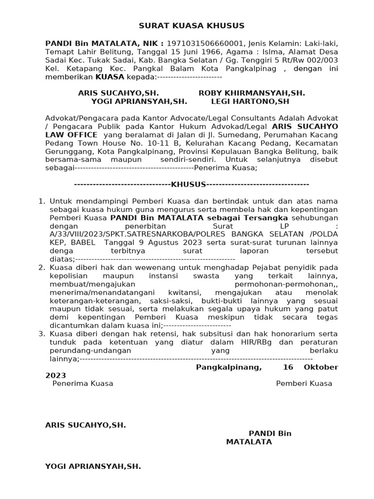 SURAT KUASA Pandi Bin Matalata | PDF