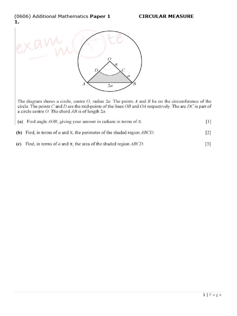 Add Maths 0606 Circ Measure Paper 1 QTNS | PDF