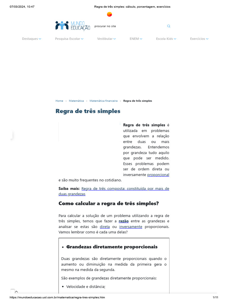 Regra de Três Simples - Cálculo, Porcentagem, Exercícios | PDF | Cálculo