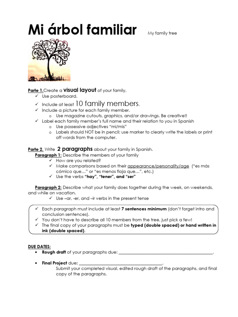 Family Tree Project Guidelines in Spanish | PDF | Adjective | Noun