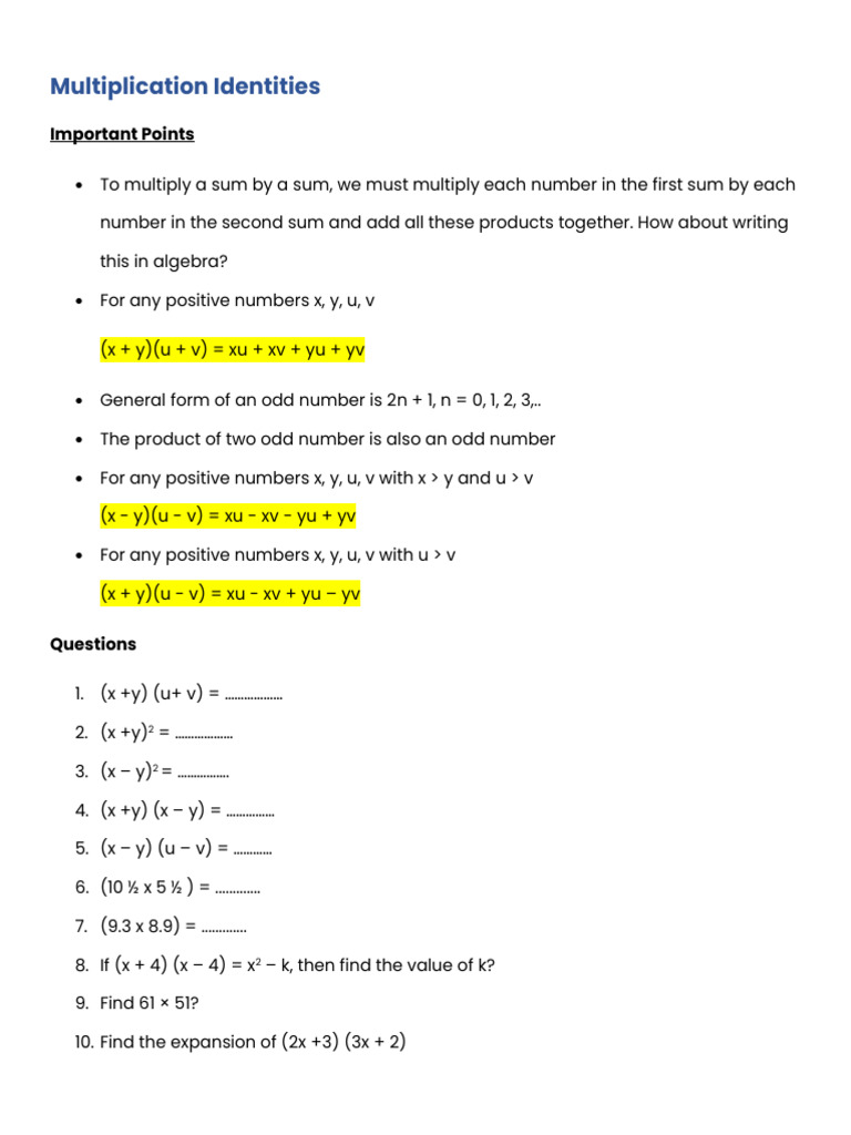 Multiplication Identities | PDF | Length | Area