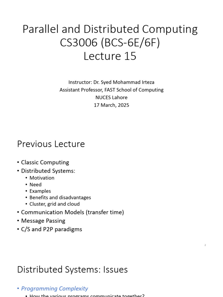 Lecture 15 PDC BCS 6EF SMI Spring 2025 | PDF | Distributed Computing | Communication