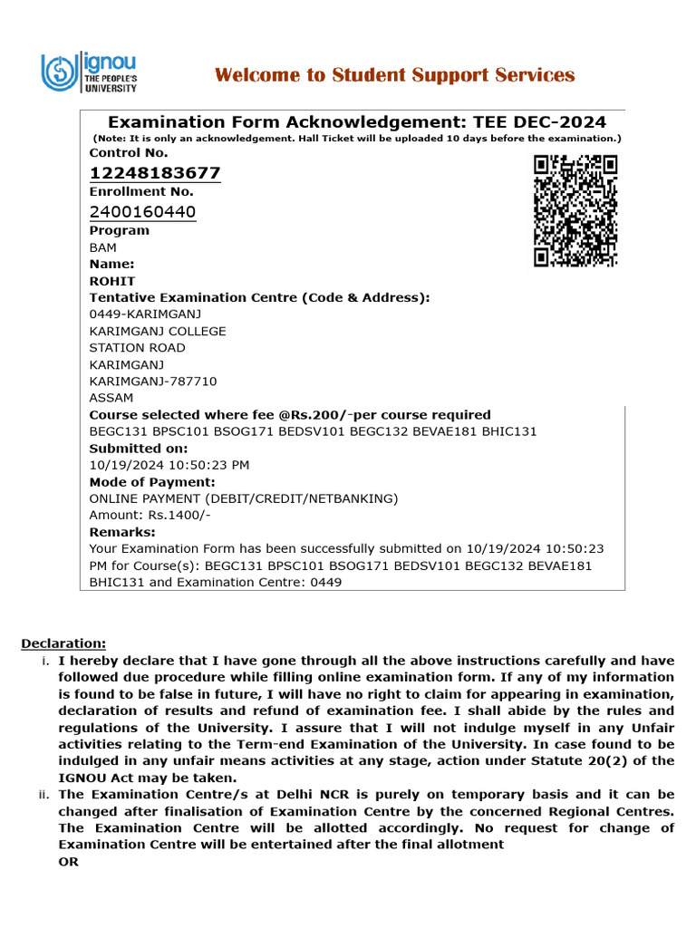 IGNOU: Examination Form Acknowledgement | PDF