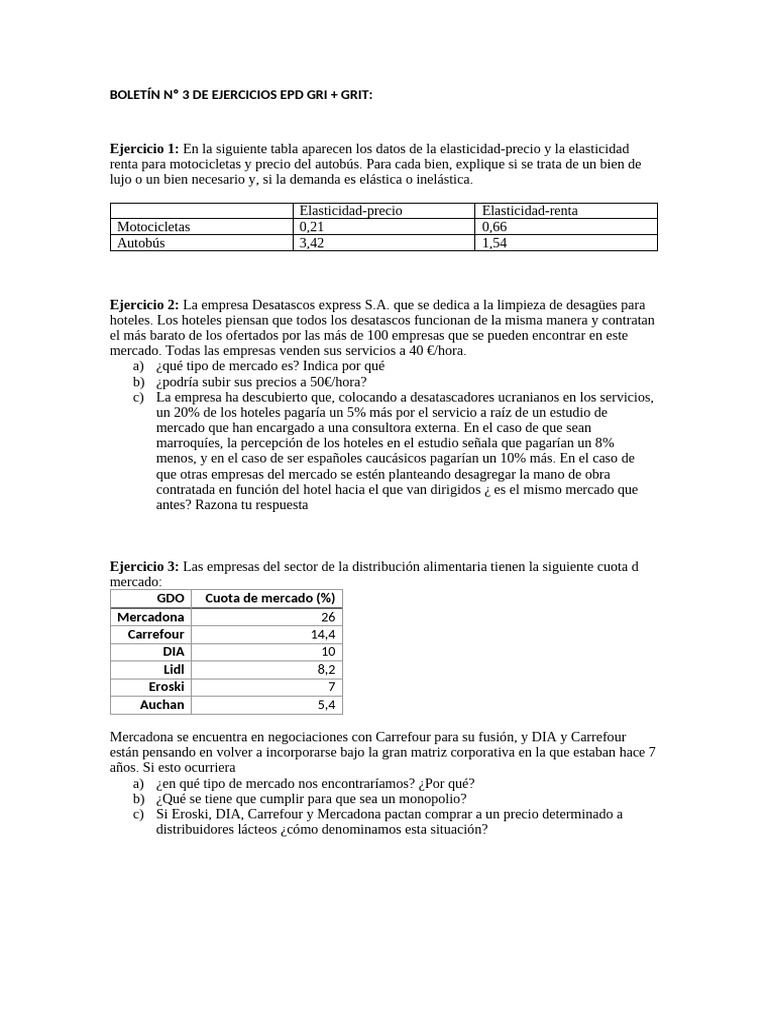 BOLETÍN DE EJERCICIOS EPD Nº3 | PDF | Mercado (economía) | Monopolio