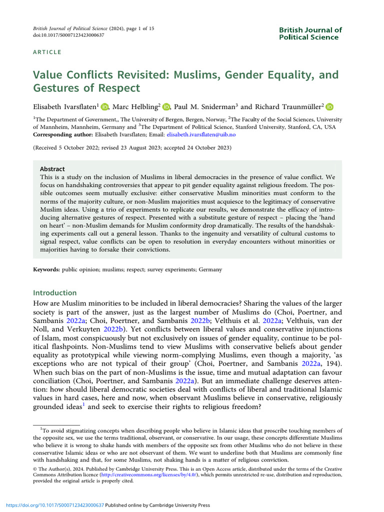 value-conflicts-revisited-muslims-gender-equality-and-gestures-of-respect | PDF | Experiment ...