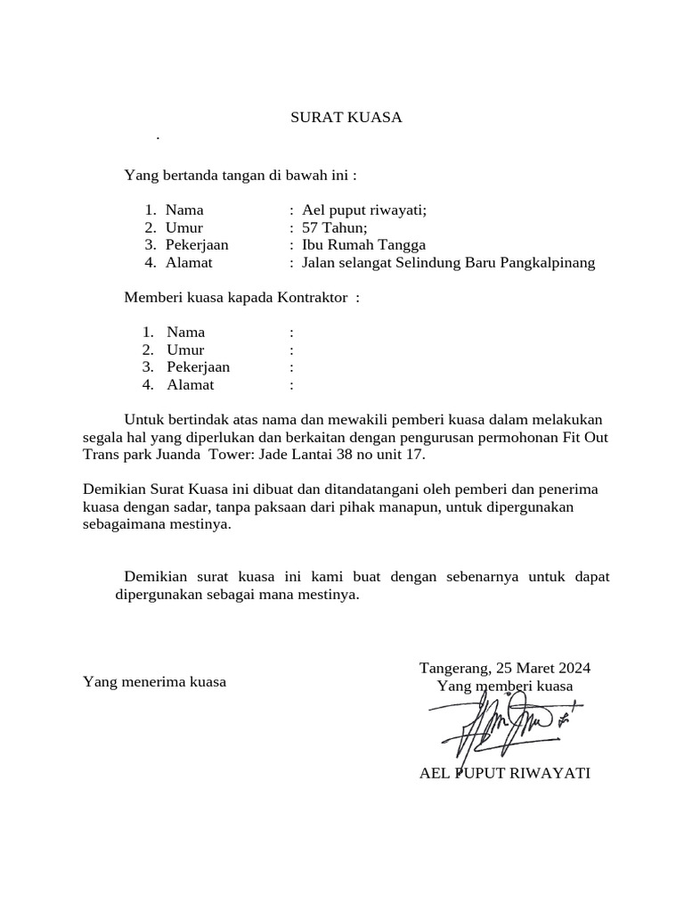 Surat Kuasa Pengurusan Fit Out | PDF