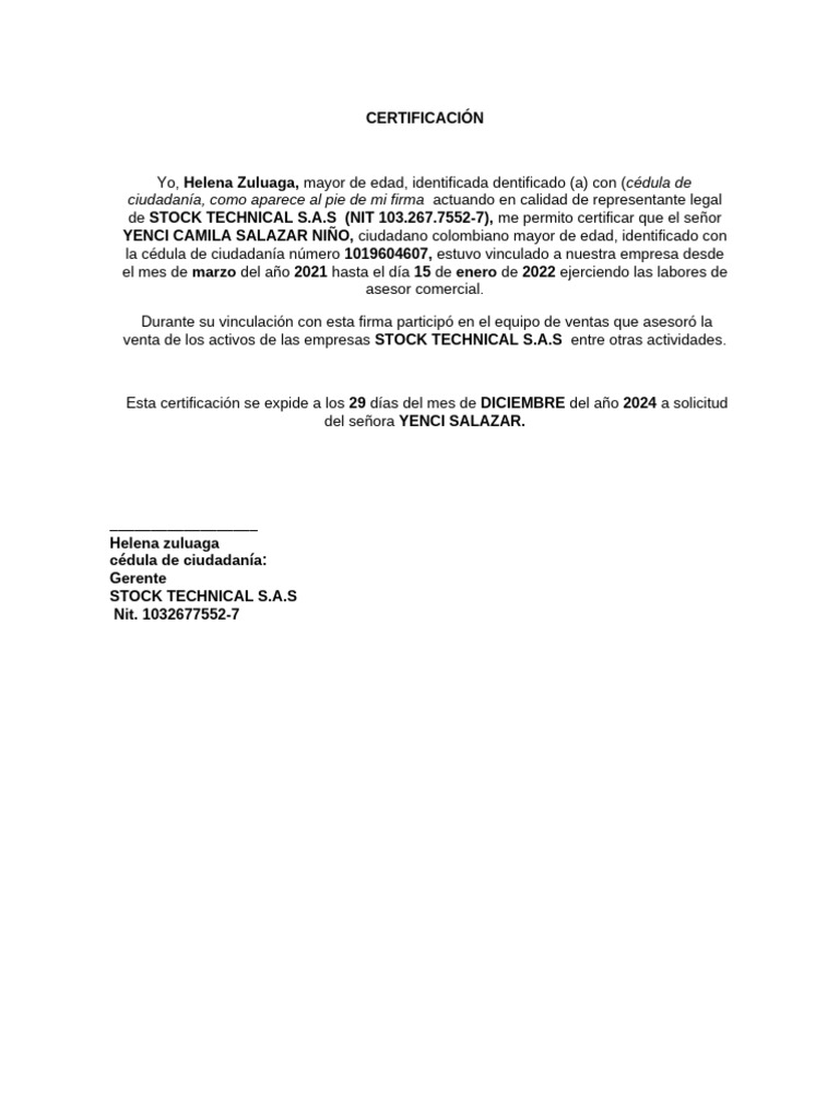 Certificado Laboral Stock Technical | PDF