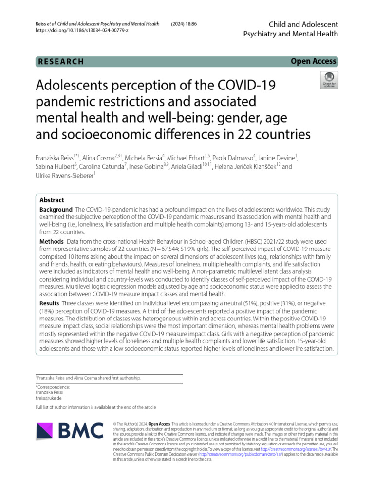 Adolescents Perception of The COVID-19 Pandemic Restrictions and ...