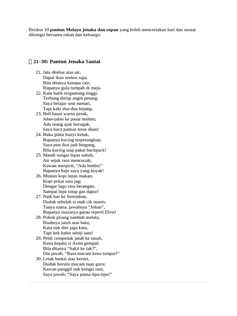 10 Pantun Jenaka Melayu Deli | PDF