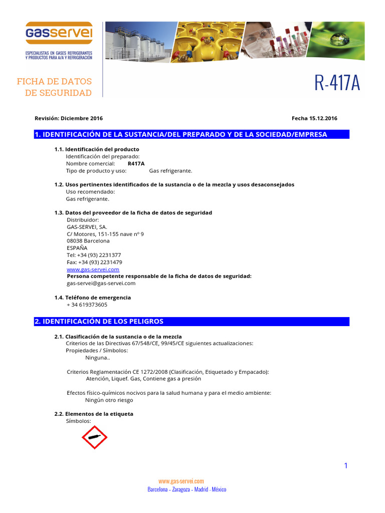 Ficha de Seguridad del Gas R-417A | PDF | Agua | Refrigerante
