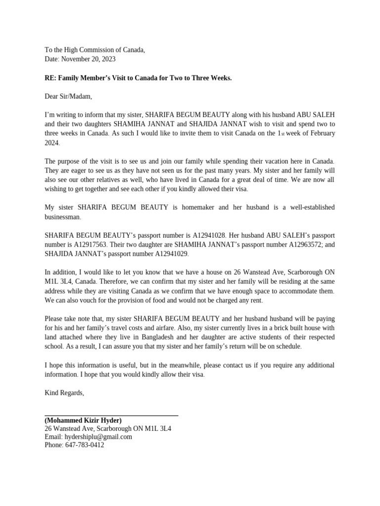 Sharifa Begum's Family Visit Request | PDF