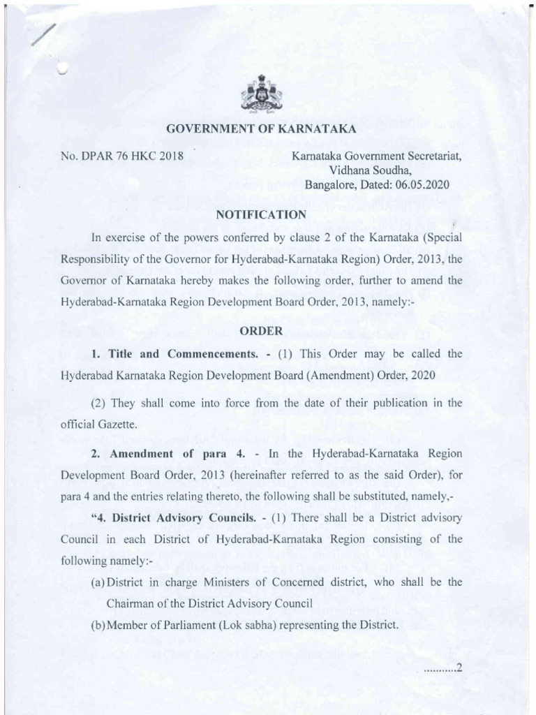 Hyderabad Karnataka Region Development Board (Amendment) Order 2020 ...
