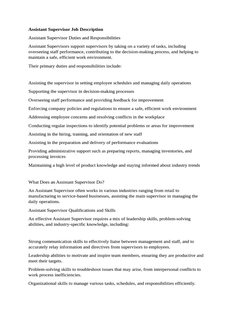 Assistant Supervisor Roles and Duties | PDF | Skill | Leadership