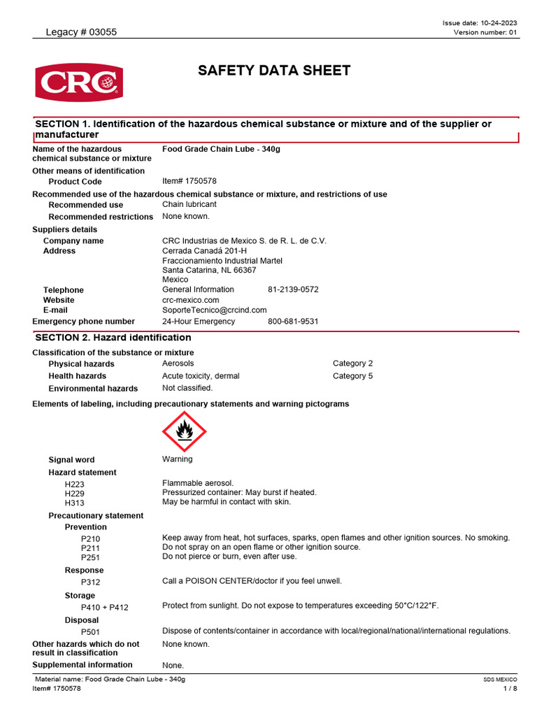 Food Grade Chain Lube Safety Data Sheet | PDF | Dangerous Goods ...