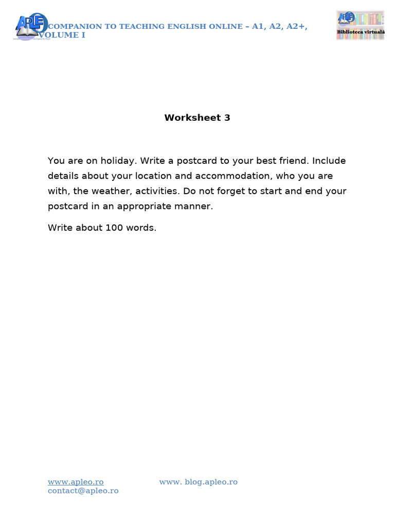 Postcard Writing Exercise for ESL A1-A2 | PDF