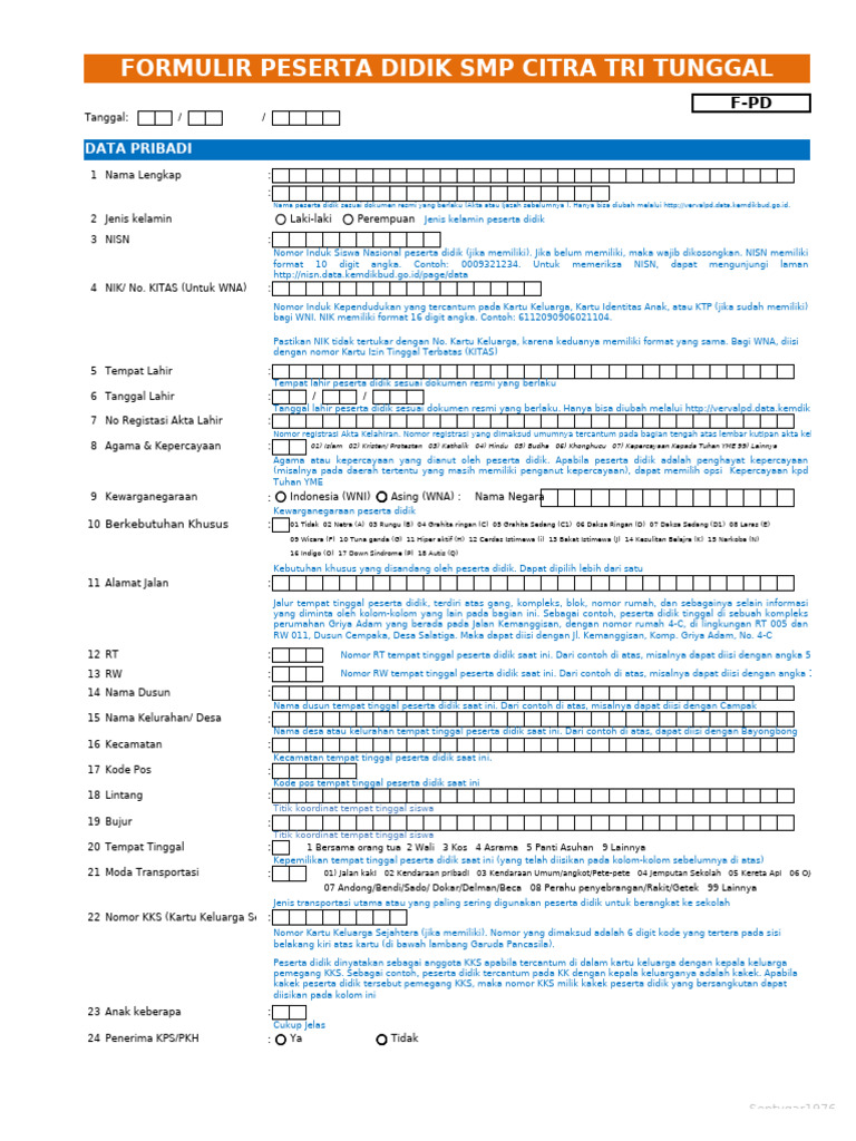 Formulir-peserta Didik 2025 Smp Ctt | PDF