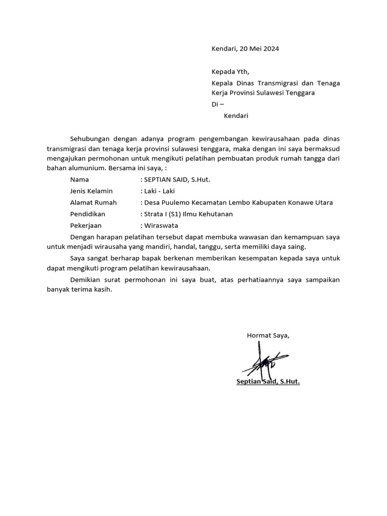 Permohonan Pelatihan Kewirausahaan Septian | PDF