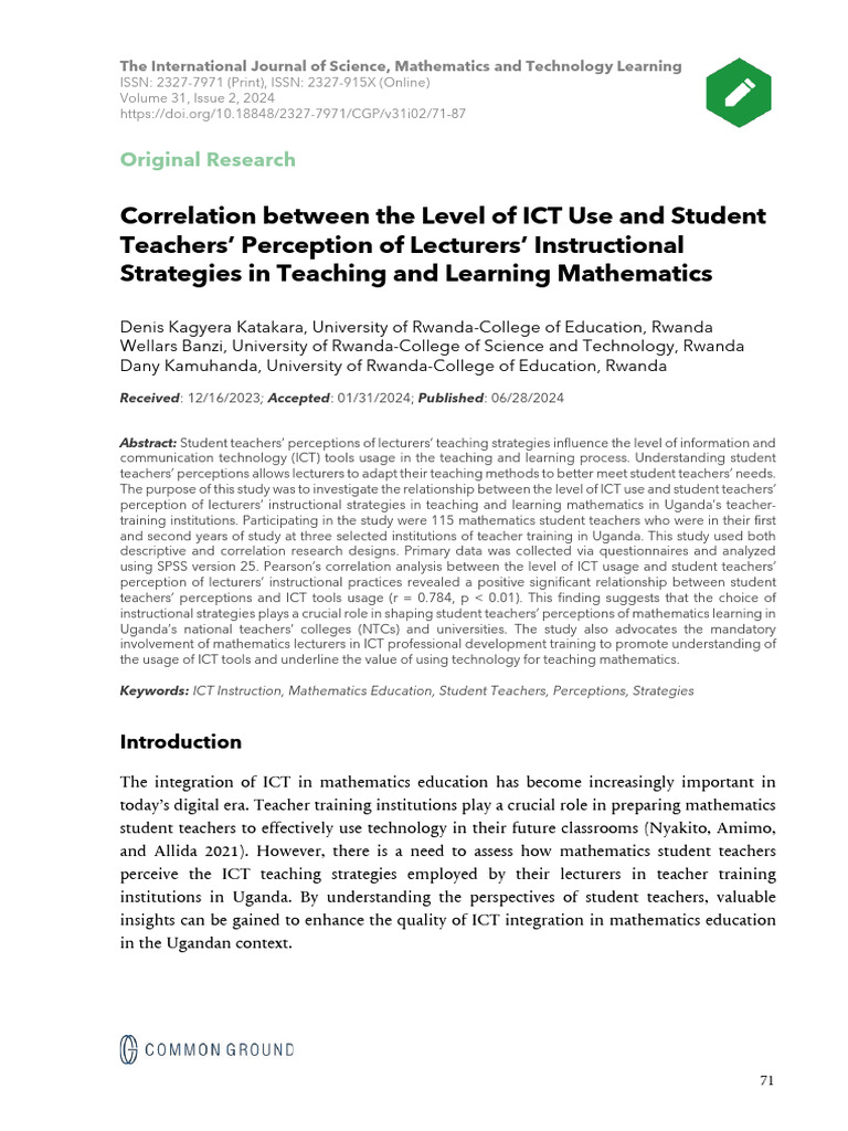 Correlation Between The Level of ICT Use and Student Teachers Perception of Lecturers ...
