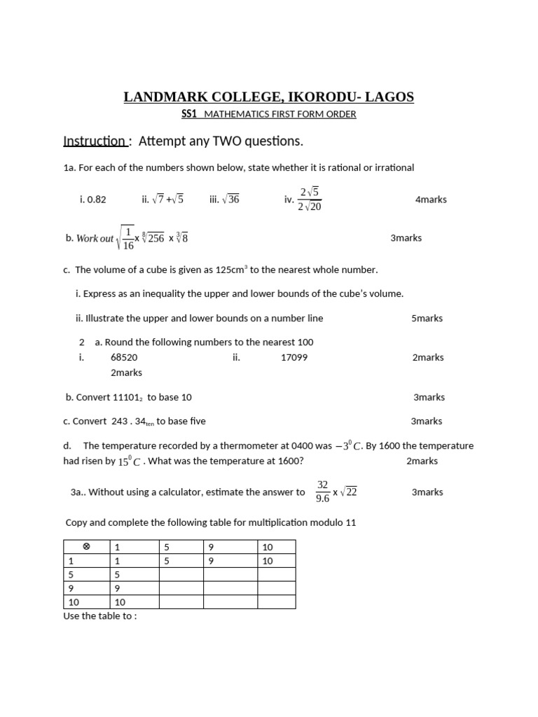 Ss1 Mathematics First Form Order | PDF