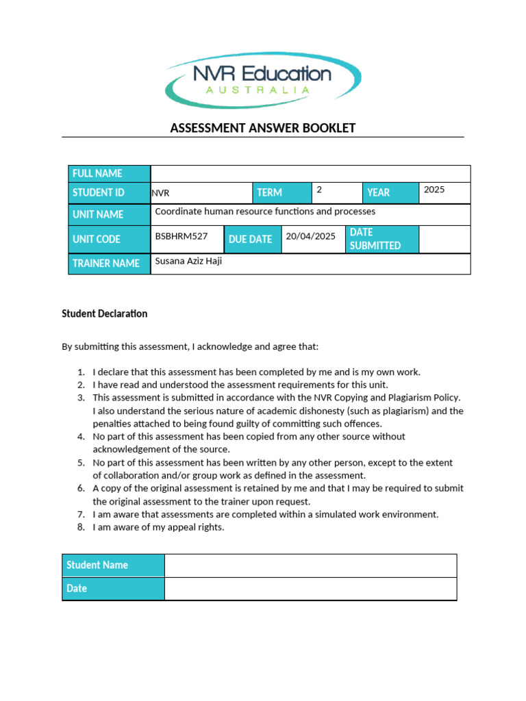 58 - Assessment Answer Booklet Task 1 - BSBHRM527 | PDF | Human Resources | Human Resource ...