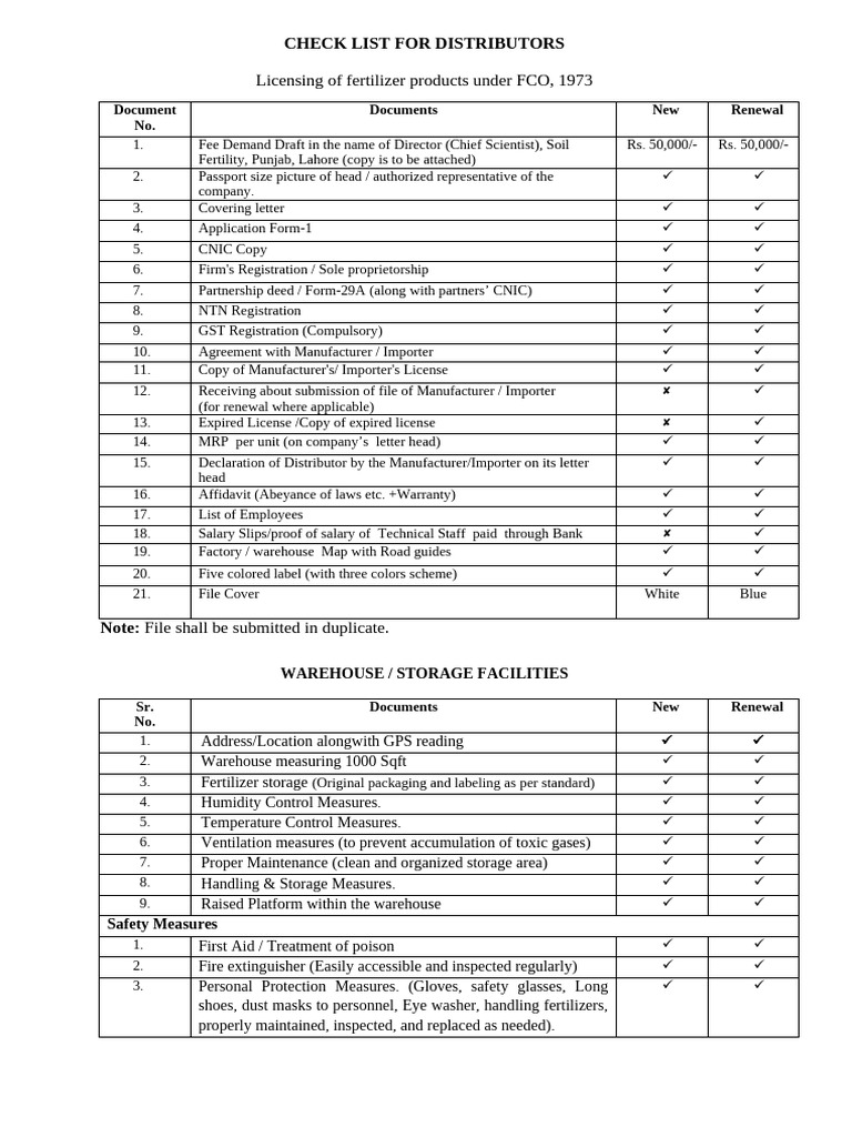 Distributor Licensing Checklist for Fertilizers | PDF | Warehouse