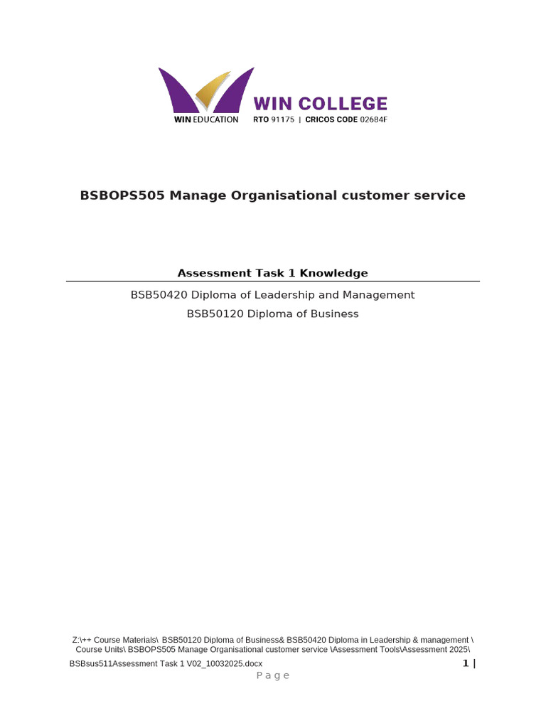 54 - BSBOPS505 - Assessment - Task - 1 - Knowledge | PDF | Educational Assessment | Leadership