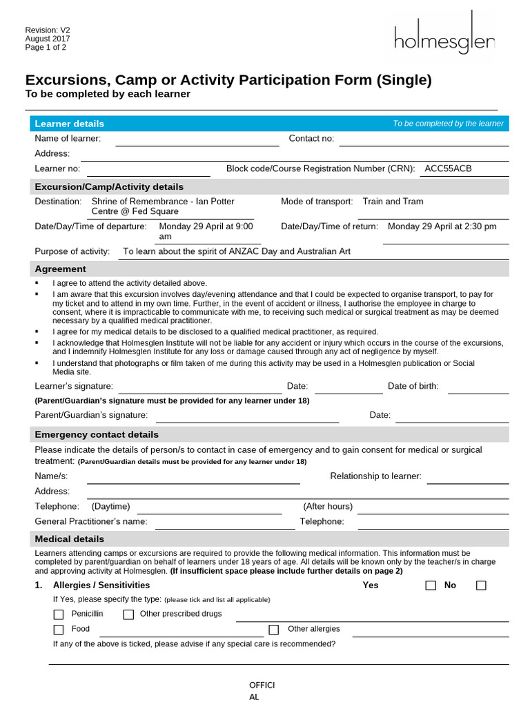 Excursion Participation Form Template | PDF | Allergy | Health Care