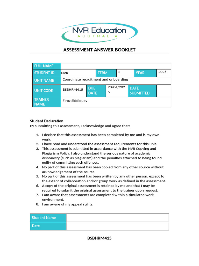 56 - Assessment Answer Booklet Task 1 - BSBHRM415 | PDF | Recruitment ...