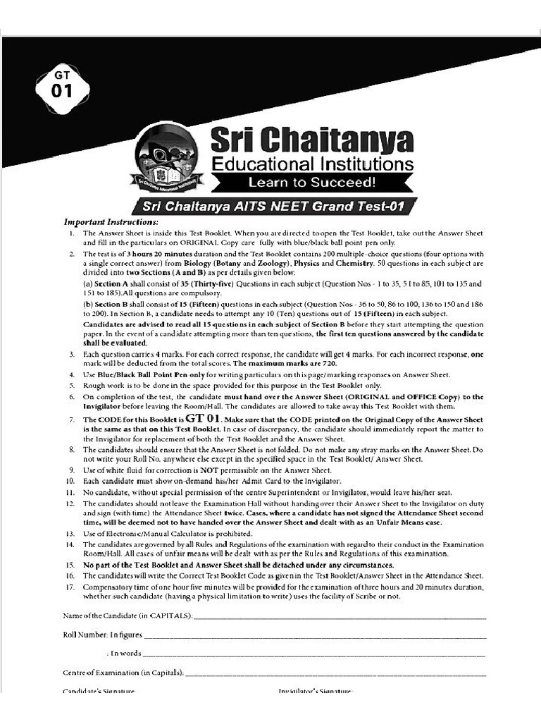 Neet Grand Test Paper-1 Made by DC | PDF