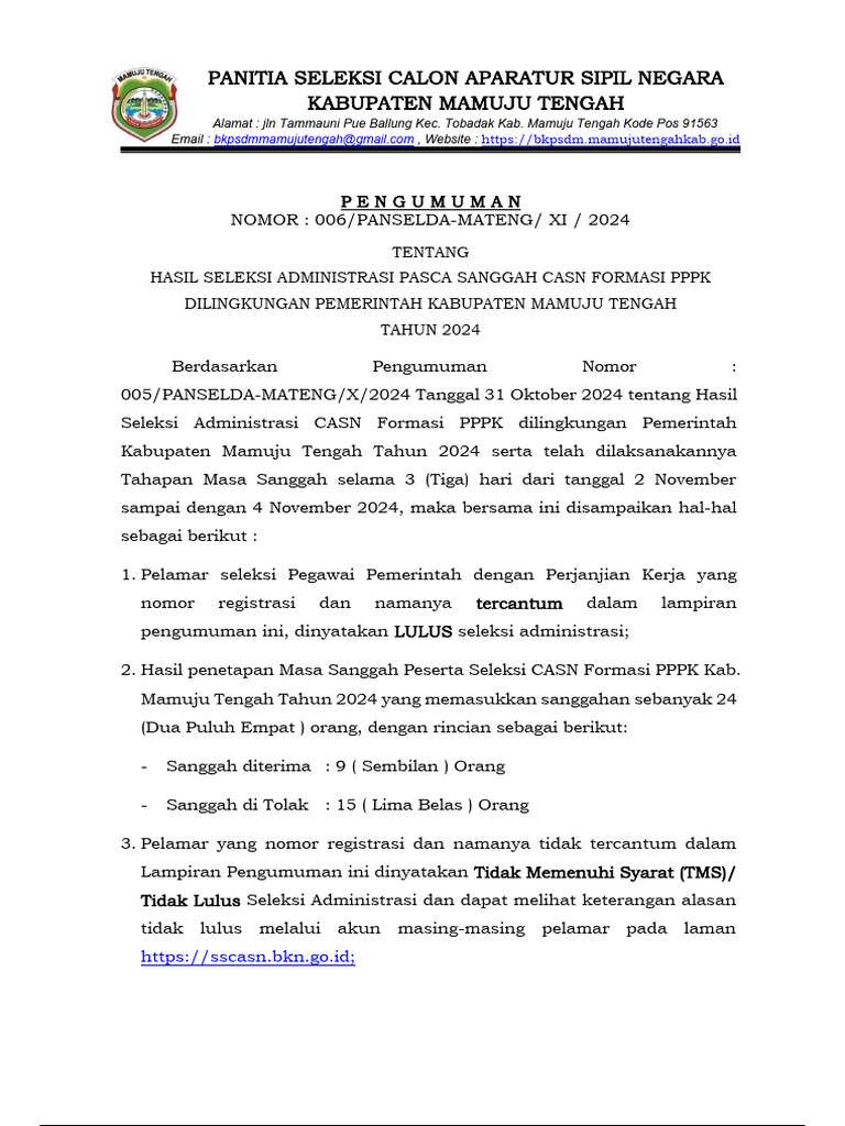 SK Pengumuman Hasil Seleksi Administrasi Pasca Sanggah | PDF