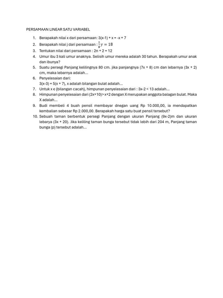 Persamaan Linear Satu Variabel Dan Persamaan Linear Dua Variabel | PDF