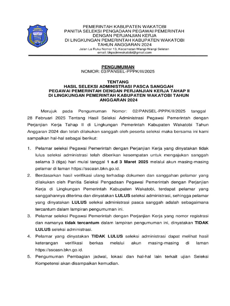 Pengumuman Hasil Seleksi Administrasi Pasca Sanggah PPPK Tahap II Di Lingkungan Pemerintah ...