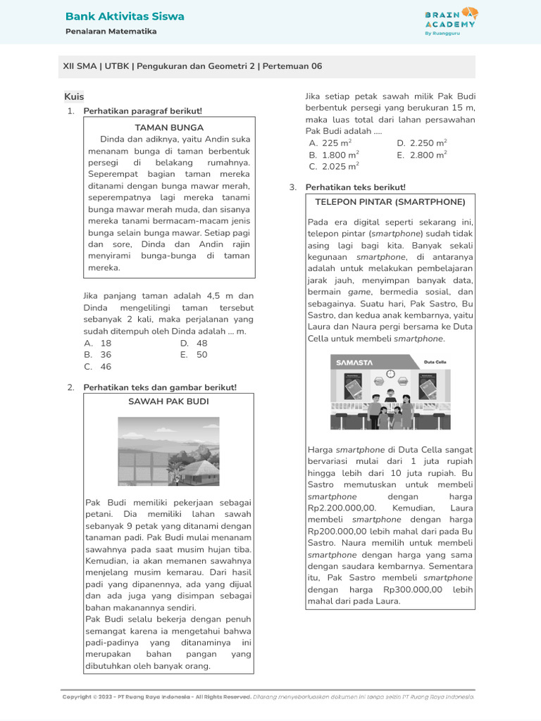 UTBK R 1 - Penalaran Matematika_ Bank Aktivitas [MAT] Pengukuran Dan Geometri | PDF